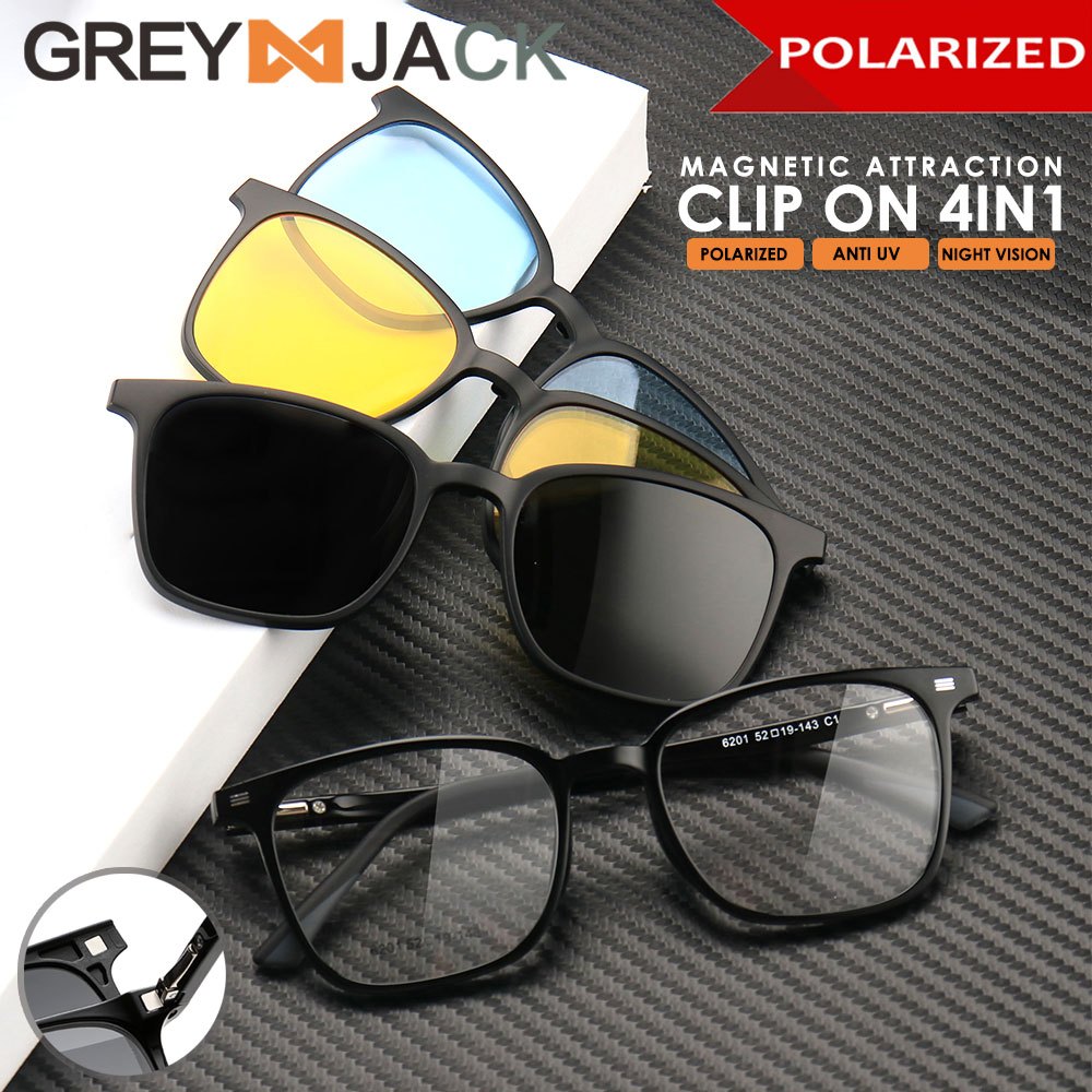 Jual Grey Jack Kacamata Clip On 4in1 lens Polarized Model Kotak Bahan TR90 Bisa Lensa Minus Pria ...