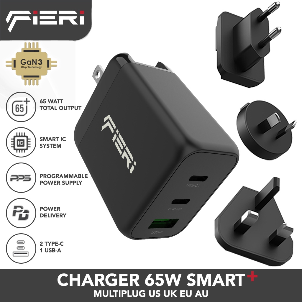 Jual Fieri Charger Travel 65 Watt Multiplug Smart+ 2 Type C 1 USB Gan ...