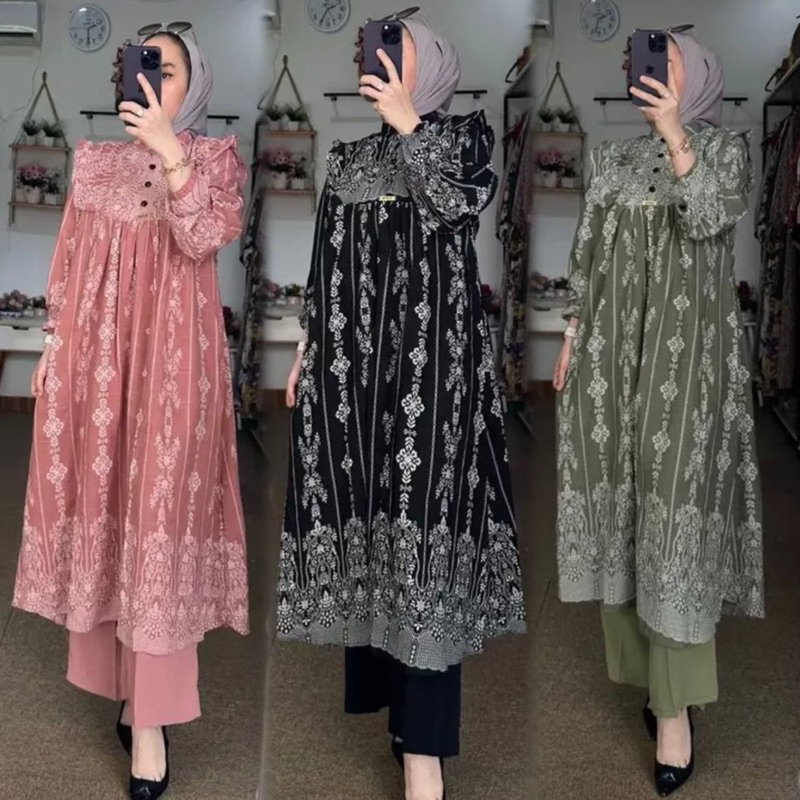 Jual ONE SET TUNIK BUNGA LONG TUNIK KEKINIAN STYLE WANITA HIJAB FASHION ...