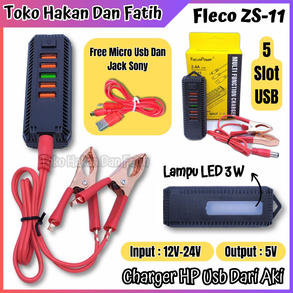 Jual CAS HP / CHARGER HP KE AKI 12VOLT 5 USB FLECO ZS-11 | CHARGER HP ...