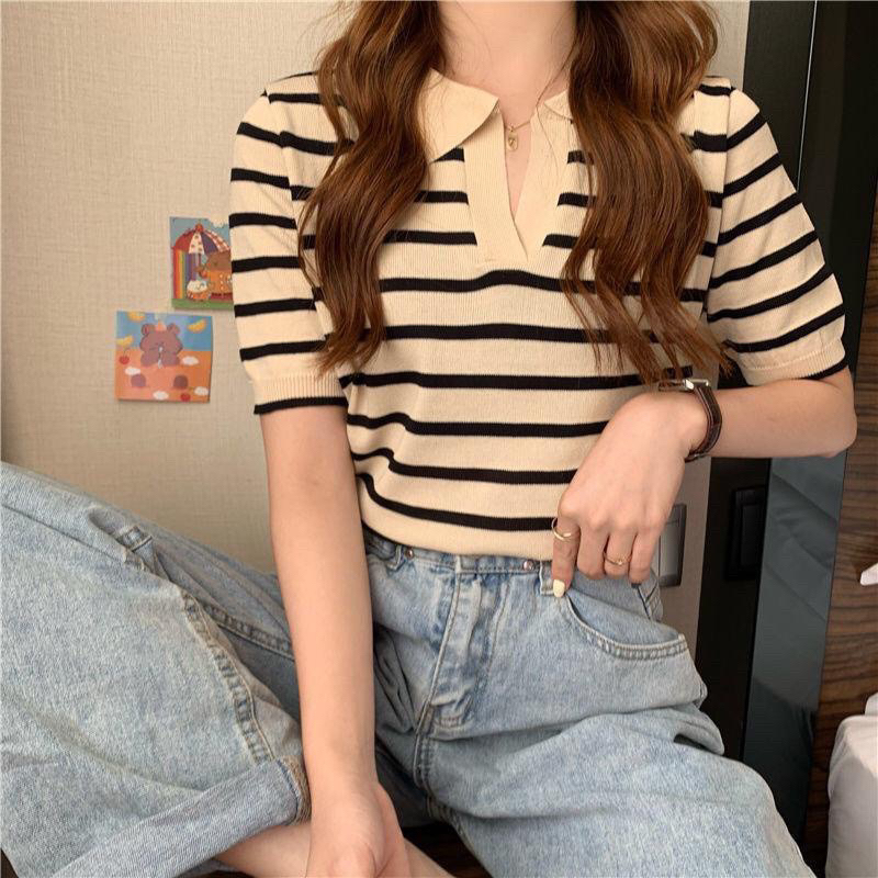 Jual Kaos BerKerah Polo Salur - Atasan Rajut Lengan Pendek Korean Style Knit Stripe T-shirt ...