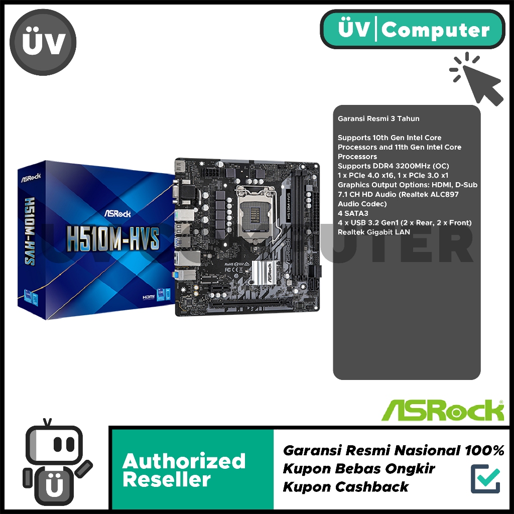 Jual Motherboard Mobo Intel Asrock H510M-HVS DDR4 LGA1200 Micro ATX ...
