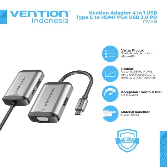Jual Vention Adapter 4 in 1 USB Type C to HDMI VGA USB 3.0 PD - TFA ...