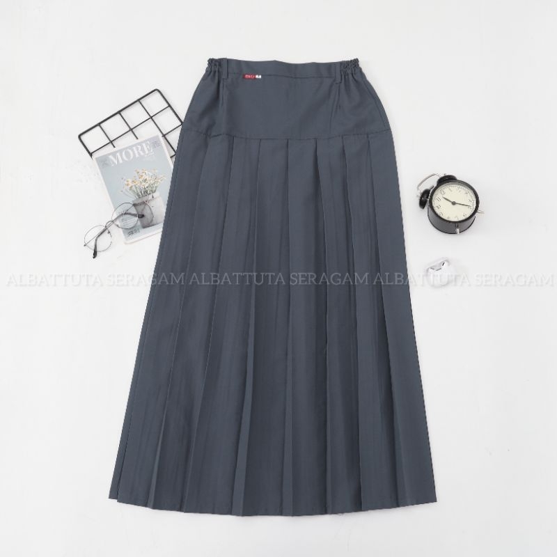 Jual ALBATTUTA Rok seragam sekolah SMA abu abu panjang rempel lipit bawah pinggang pinggul ...