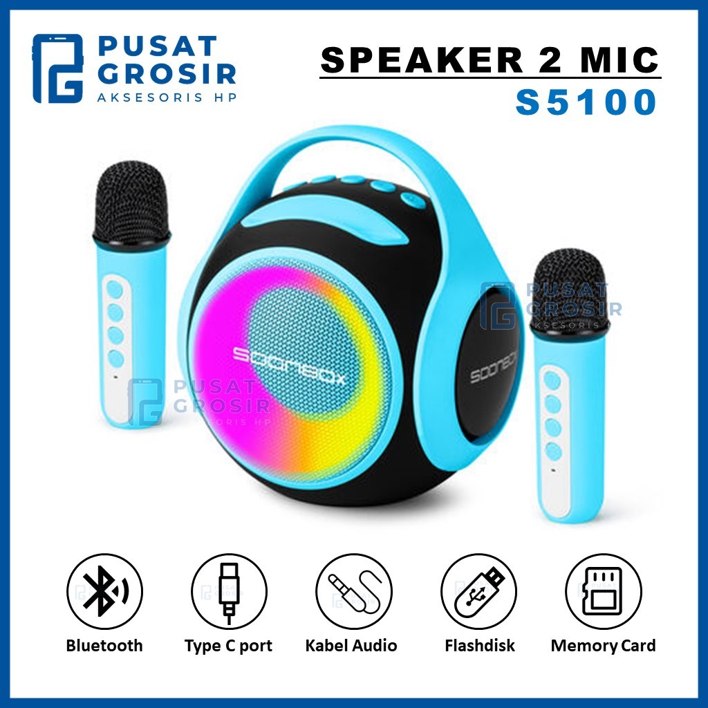 Jual Speaker Bluetooth mini Karoke S5100 S-5100 + 2 Mic speker karaoke TWS soonbox Blutut LED ...