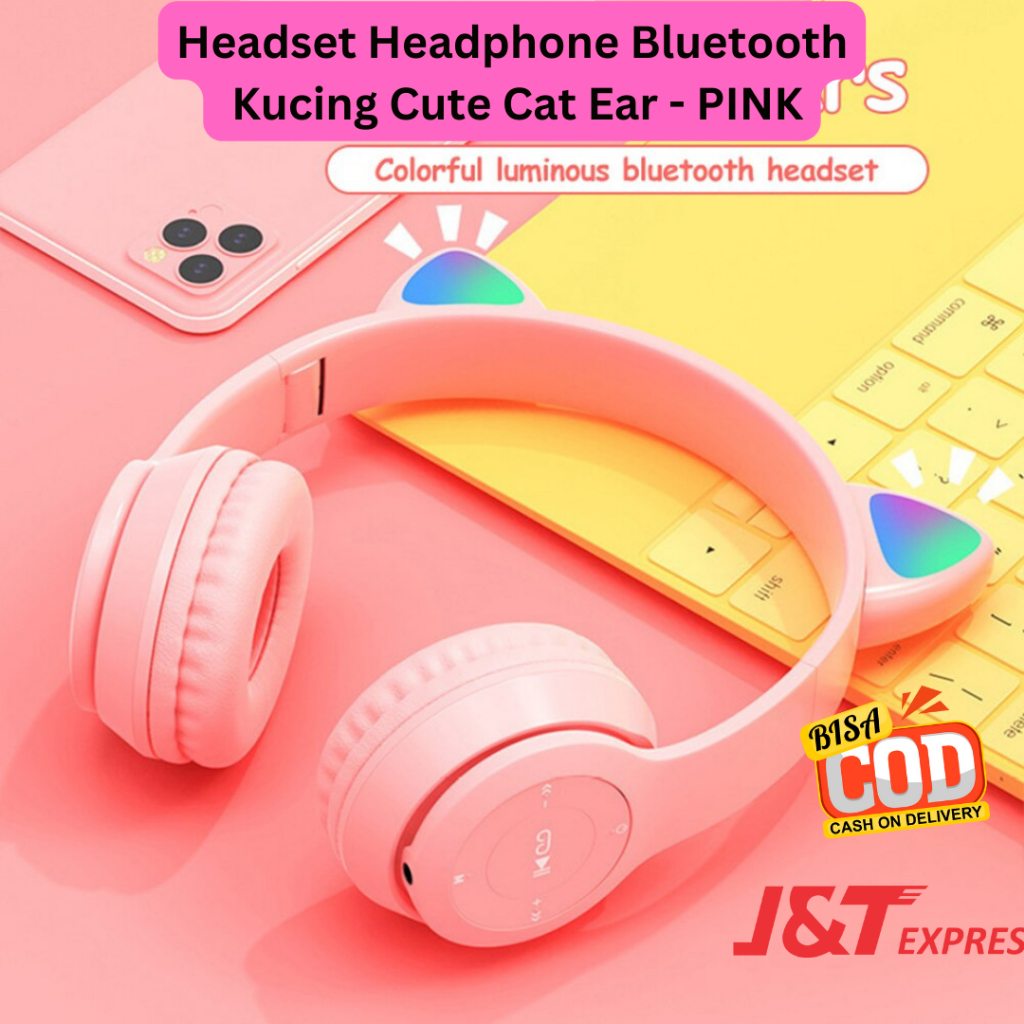 Jual Headset Headphone Bluetooth Kucing Cute Cat Ear Bass Boost - Pink ...