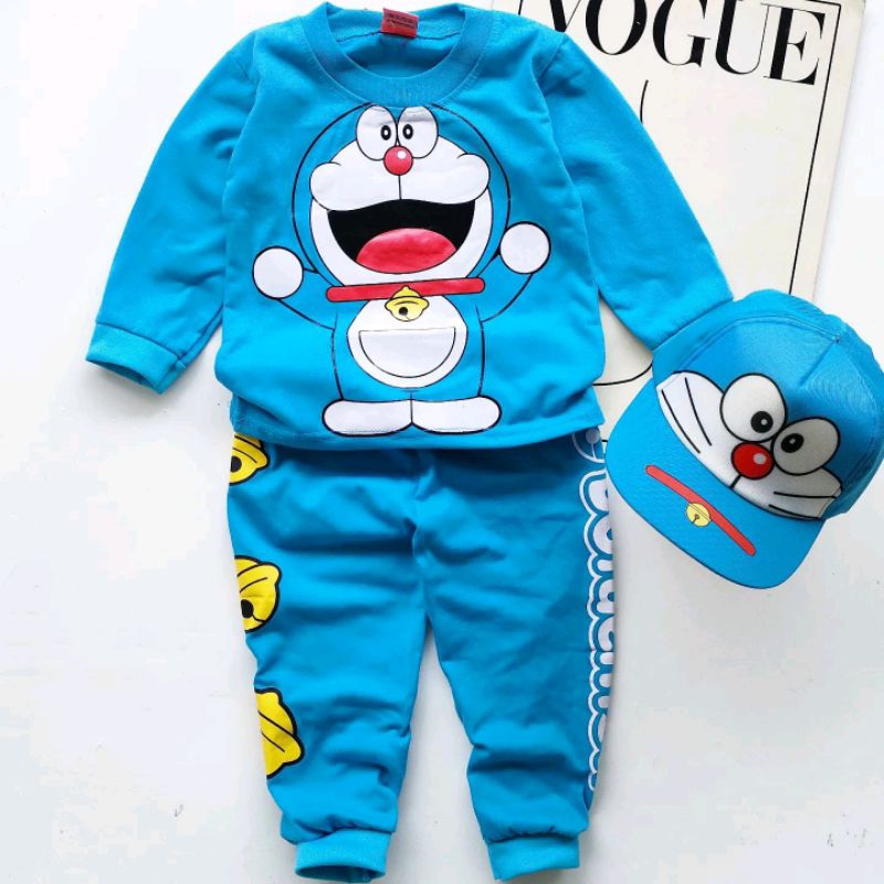 Jual PIYAMA SETELAN BAJU ANAK DORAEMON ADA TOPI NYA UNTUK UMUR 1-10 ...
