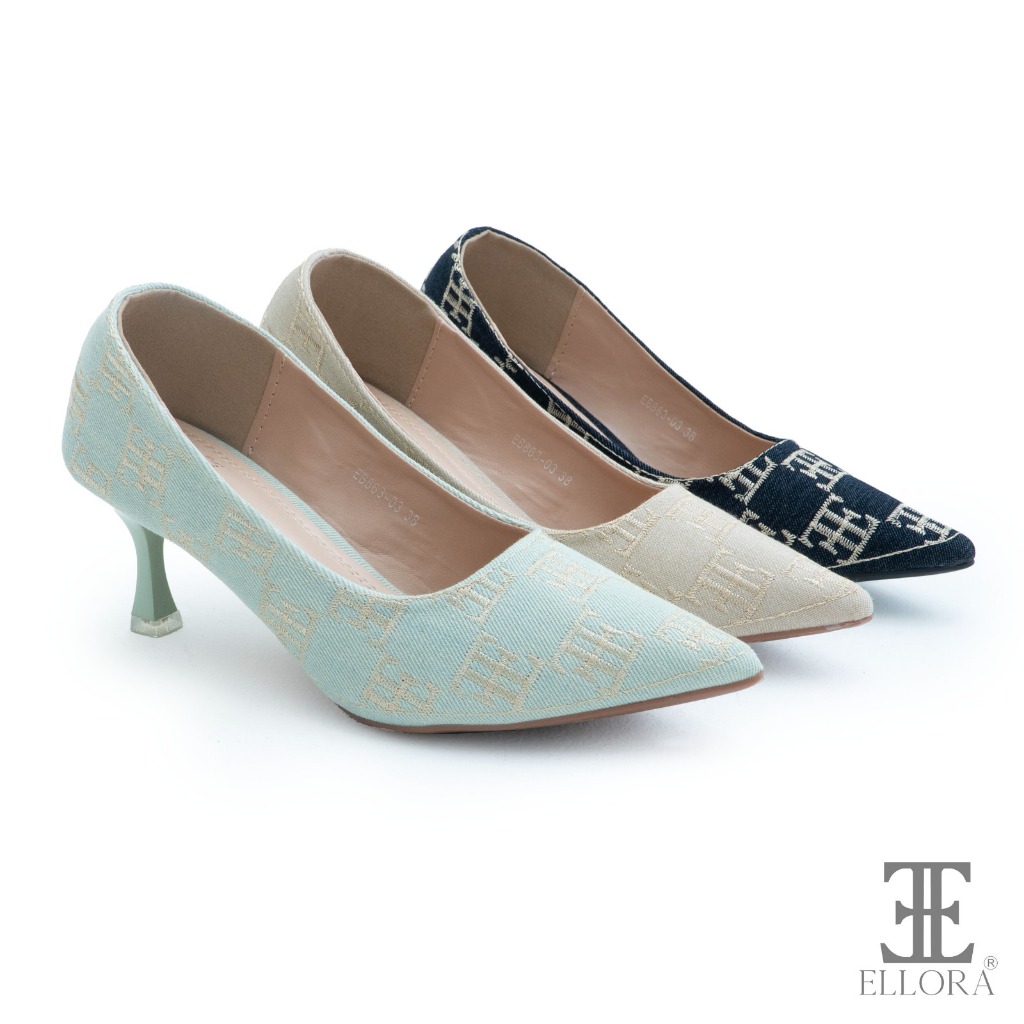 Jual ELLORA EB 863-03 Sepatu Heels Wanita Kerja Import 7cm Bahan Denim ...