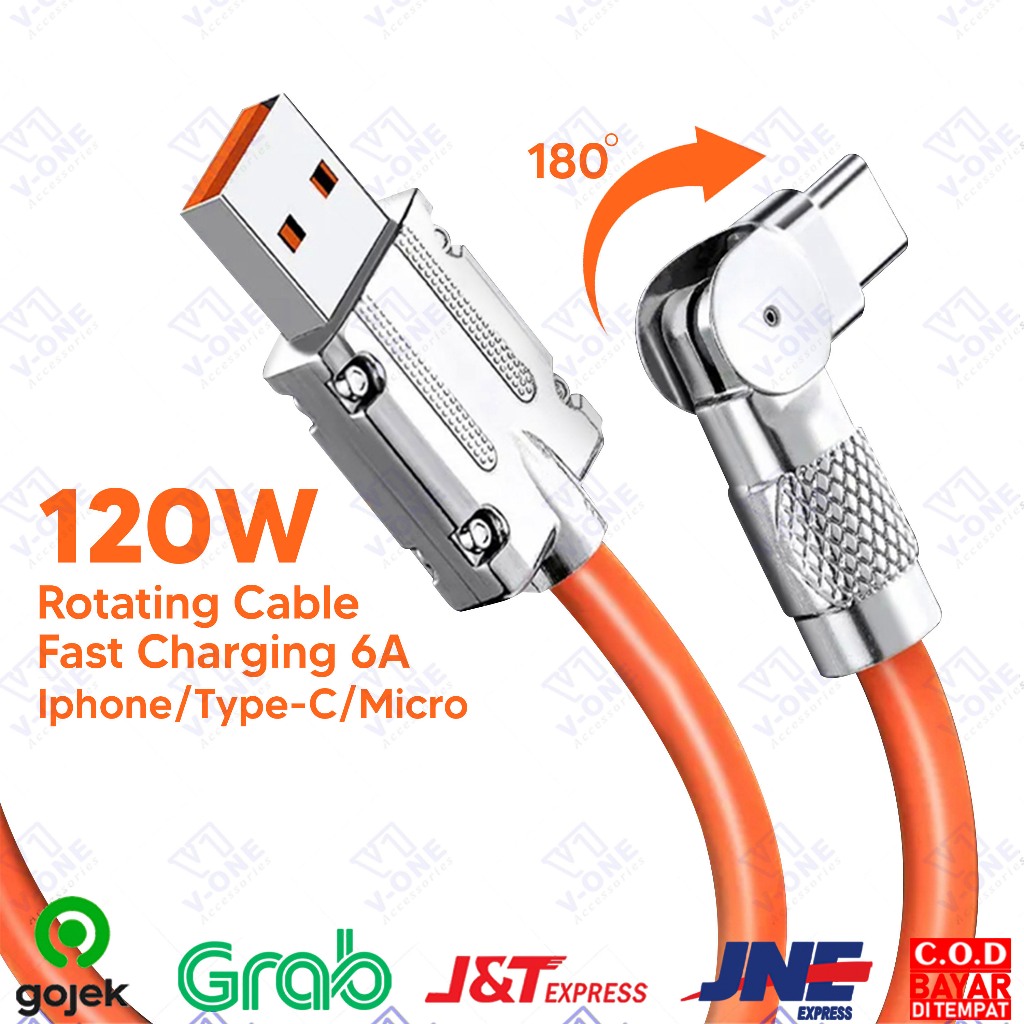 Jual kabel data super fast charging 120W ROTATING micro typec lightning ...