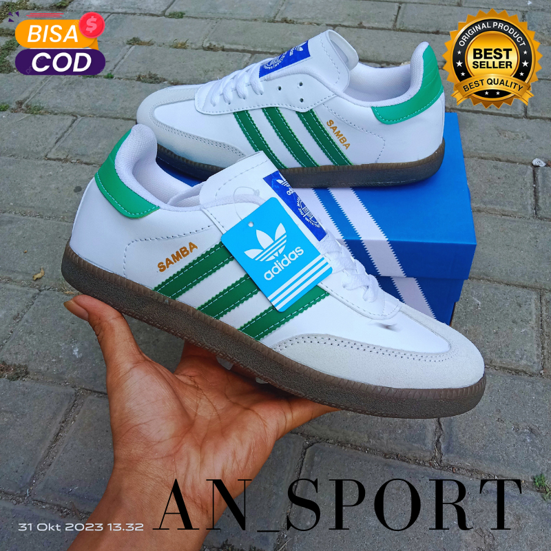 Jual Sepatu Adidas Samba OG White Green Premium Quality Putih strip ...