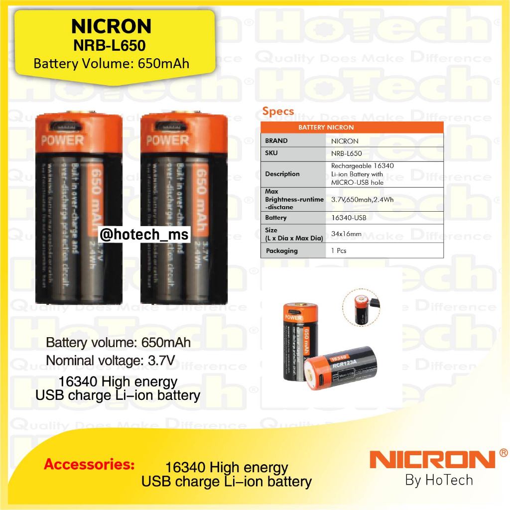 Jual NICRON NRB-L650 | Rechargeable16340 Li-ion Battery With USB Hole ...