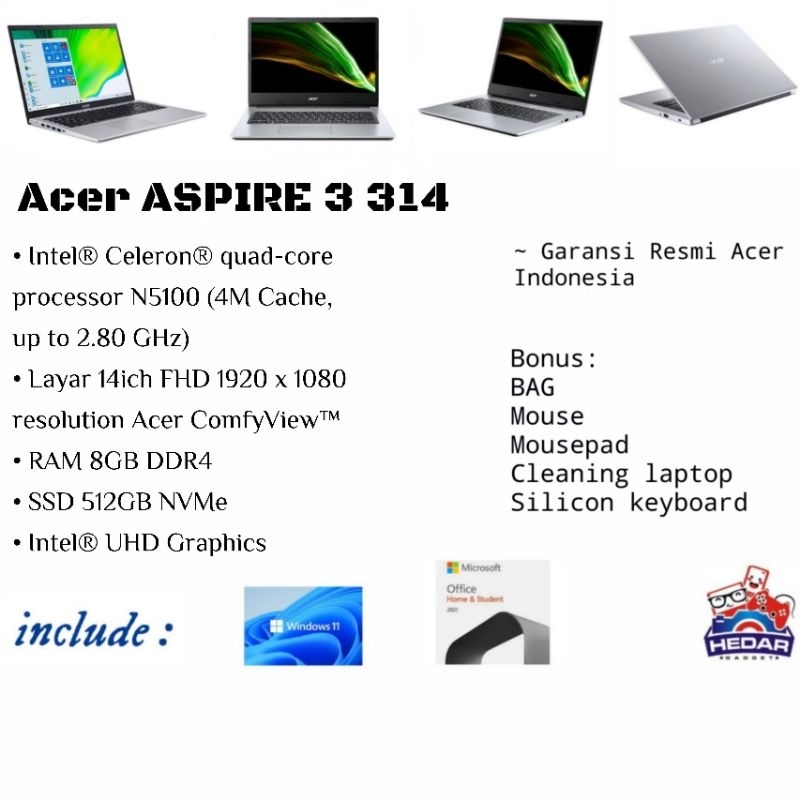 Jual Acer Aspire 3 A314 Intel N5100 RAM 8GB SSD 512Gb W11 OHS 14 FHD ...