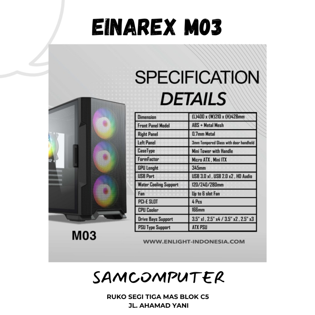 Jual EINAREX M03 BLACK (1x 120mm ARGB Fan Include) M-ATX Gaming Case ...