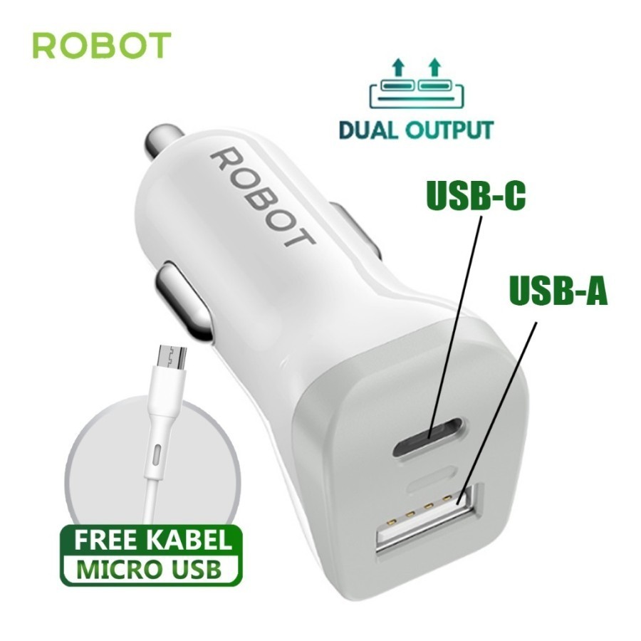 Jual CAR CHARGER ROBOT RT-C09 CHARGER MOBIL DUAL PORT USB-C + USB-A Fast Charging 2,4A | Shopee ...