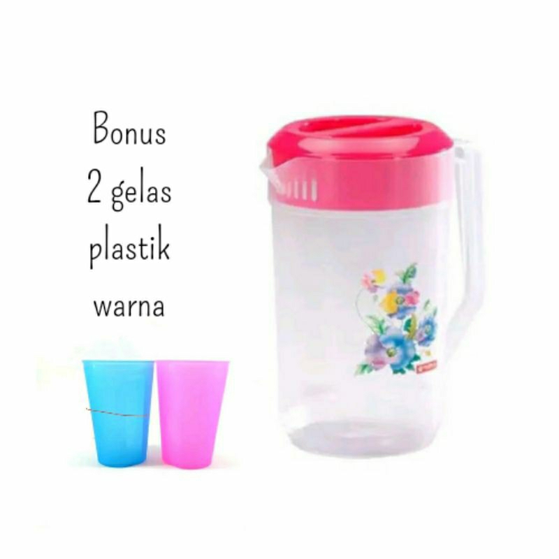 Jual Teko eskan tempat air minum transfaran 2,1 liter lion star bonus 2 gelas plastik warna ...