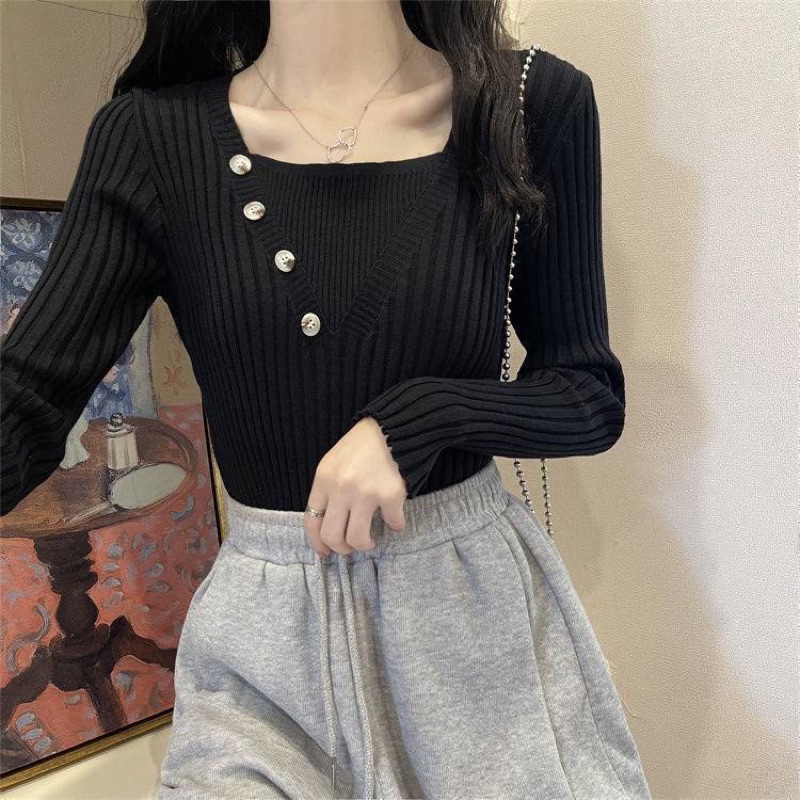 Jual Atasan Rajut Lengan Panjang Wanita Square Neck Style Korea Button | Sweater Rajut Wanita ...