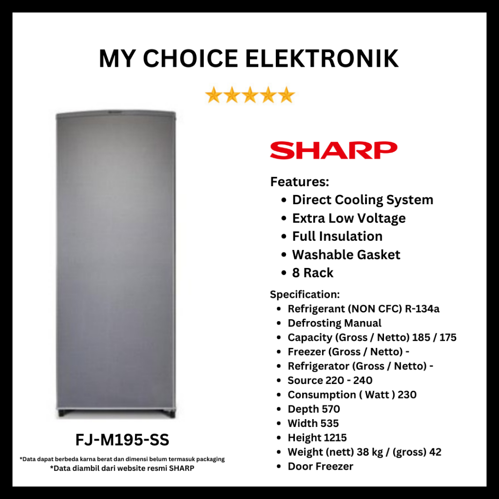 Jual Sharp Upright Freezer FJ-M195N-SS 8Rack | FJM 195 NSS (185 L/175 L ...