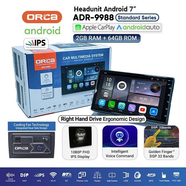 Jual Head Unit Android Auto CarPlay 7″ inch ORCA ADR-9988 Standard RHD | Shopee Indonesia