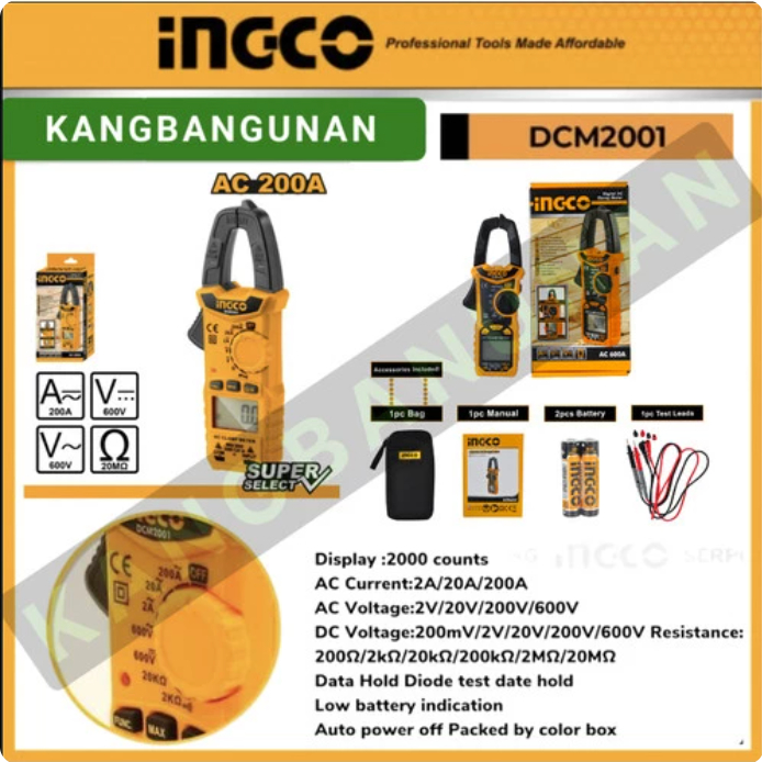 Jual Digital LCD Clamp Meter (AC/DC 600V) INGCO DCM2001 Tang Ampere ...