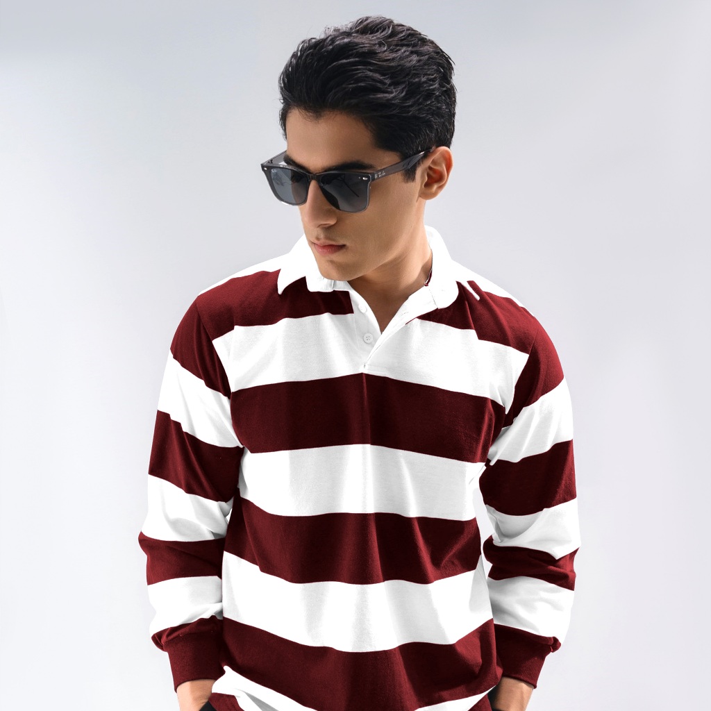 Jual Bosvo - Stripe LS Shirt Kaos Salur Rugby Pria - Maroon Putih ...