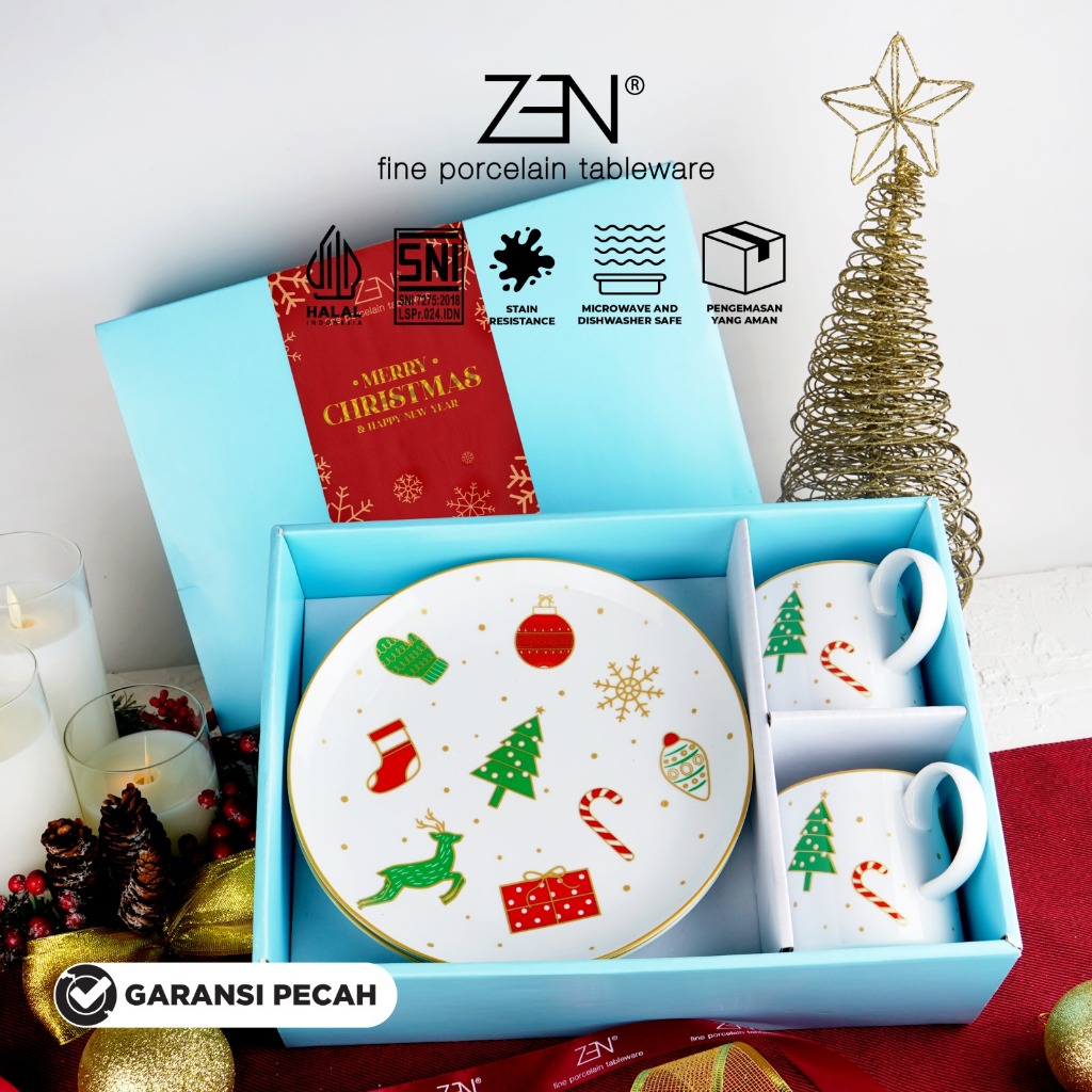 Jual ZEN Hampers Natal Piring Mug Keramik Holly Jolly isi 4 pcs + Box ...