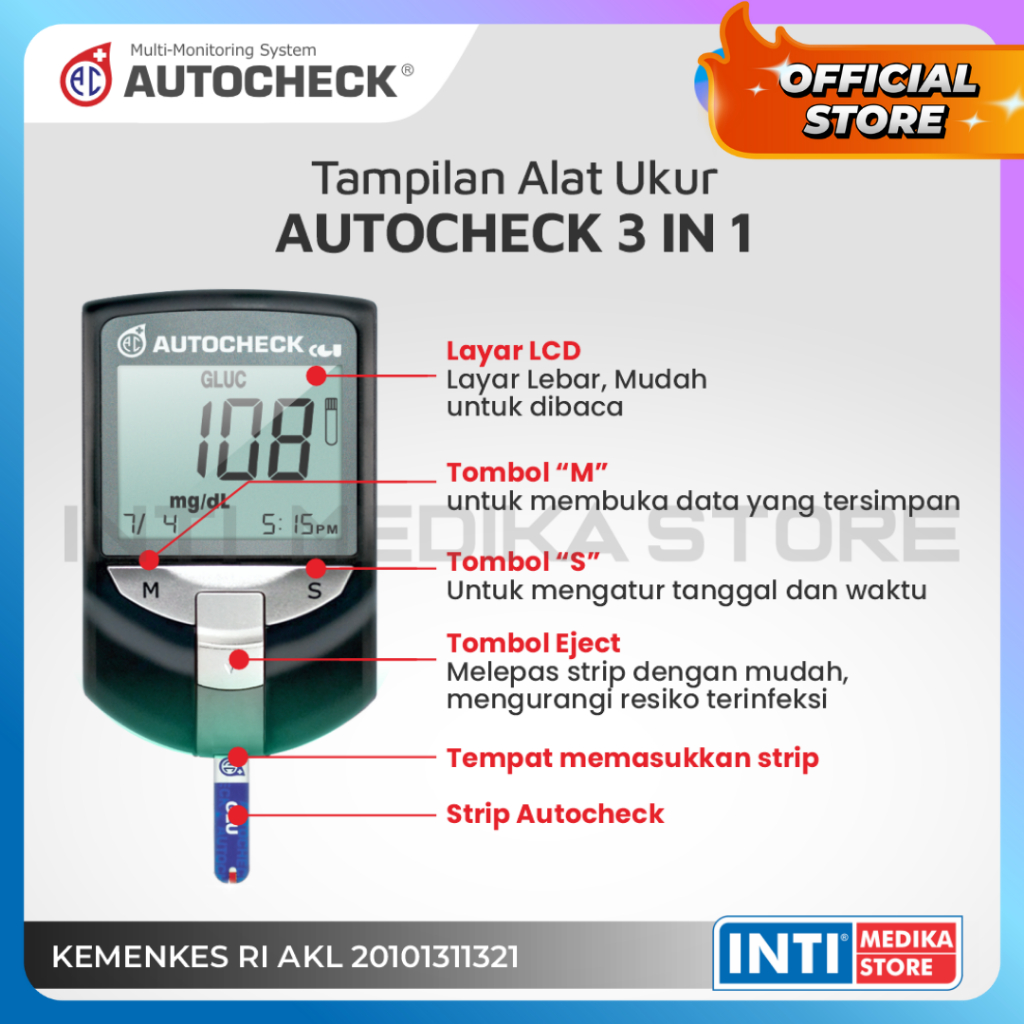 Jual AUTOCHECK - Alat Cek 3in1 GCU Gula Darah + Kolesterol + Asam Urat ...