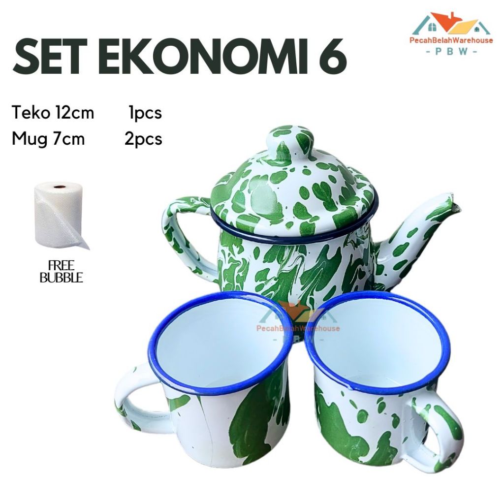 Jual [Free Bubble] Set Ekonomi 6 / Teko Cangkir Blirik Set Enamel Seng / Teko Set Jadul Blirik ...