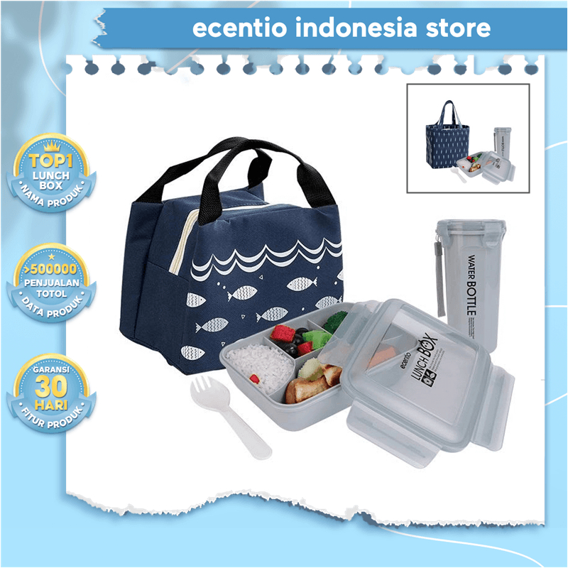 Jual ecentio Lunch Box Set 4 Grid Anti Tumpah Dan Tas/Kotak Bekal Makan Botol Minum Free Sendok ...
