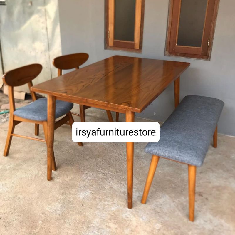 Jual Meja Makan Minimalis Kayu Jati 2 Kursi Jati Plus Bench Dudukan Busa | Shopee Indonesia
