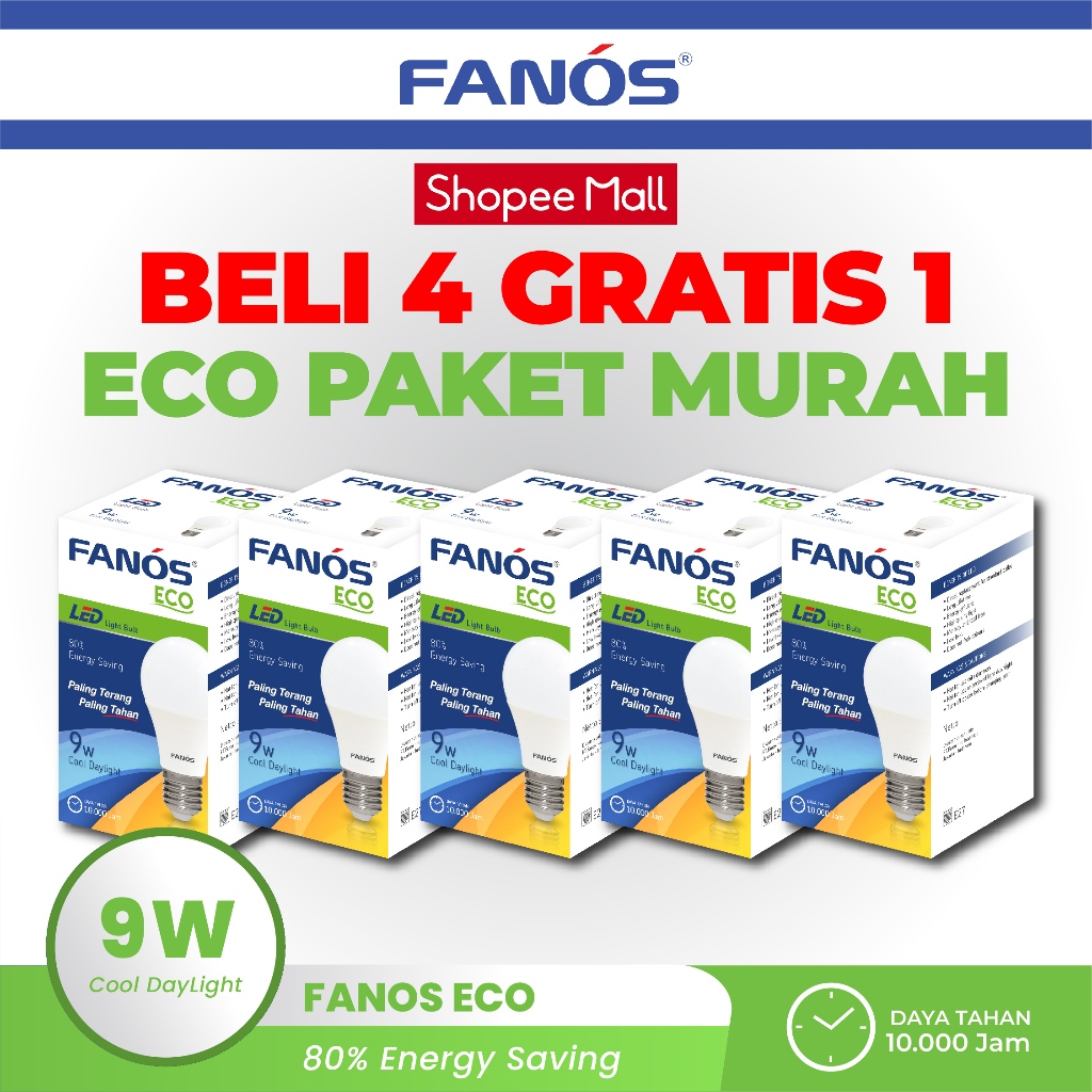 Jual Fanos Eco 9W [Beli 4 Gratis 1] Lampu LED Bohlam Cahaya Putih Bergaransi | Shopee Indonesia