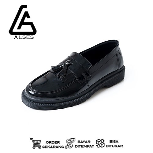 Jual ALSES X Sepatu Loafers Hitam Mengkilap Pria Wanita Pita Rumbai ...
