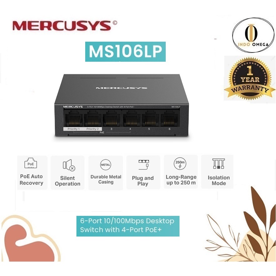 Jual MERCUSYS MS106LP 6-Port 10/100Mbps Desktop Switch with 4-Port PoE+ ...