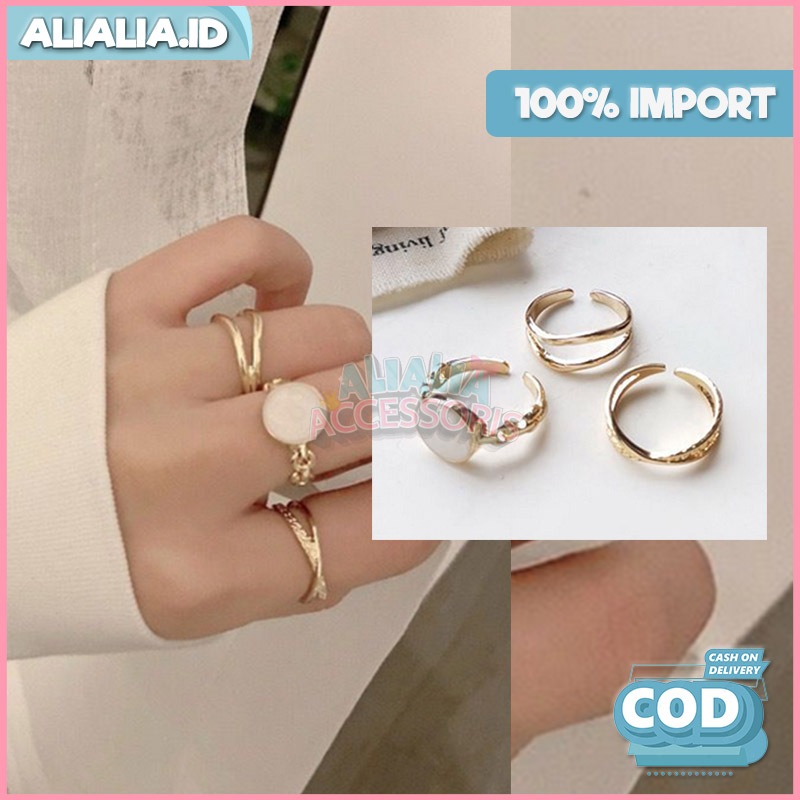Jual Cincin Wanita Korea 1 Set 3 Pcs Aksen Putih Bentuk Koin Bulat Fashion Korea Elegant ...