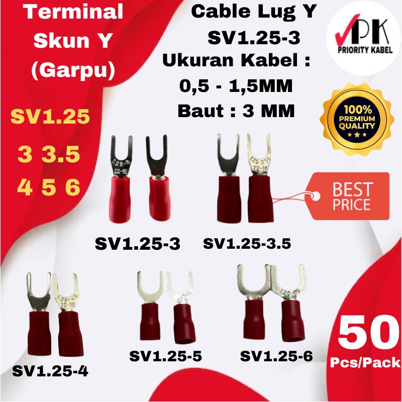Jual Terminal Kabel Skun Y Garpu Fork LOTUS SV1.25-3 Cable Lug Untuk Ukuran Kabel 0,5-1,5mm PER ...