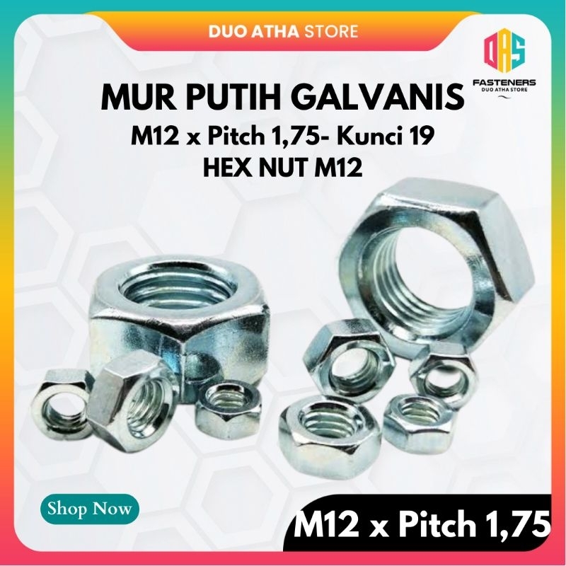 Jual Mur M12 x Pitch 1.75 Galvanis / Hex Nut M12 Galvanis PUTIH ...