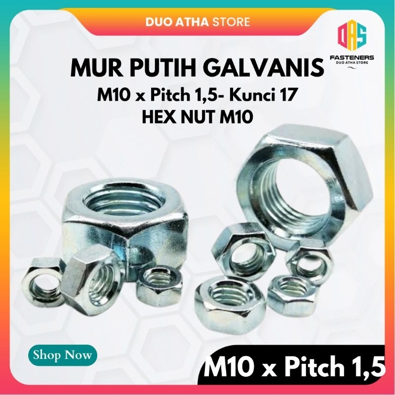 Jual Mur M10 x Pitch 1.5 Galvanis / Hex Nut M10 Galvanis PUTIH Kunci 17 ...
