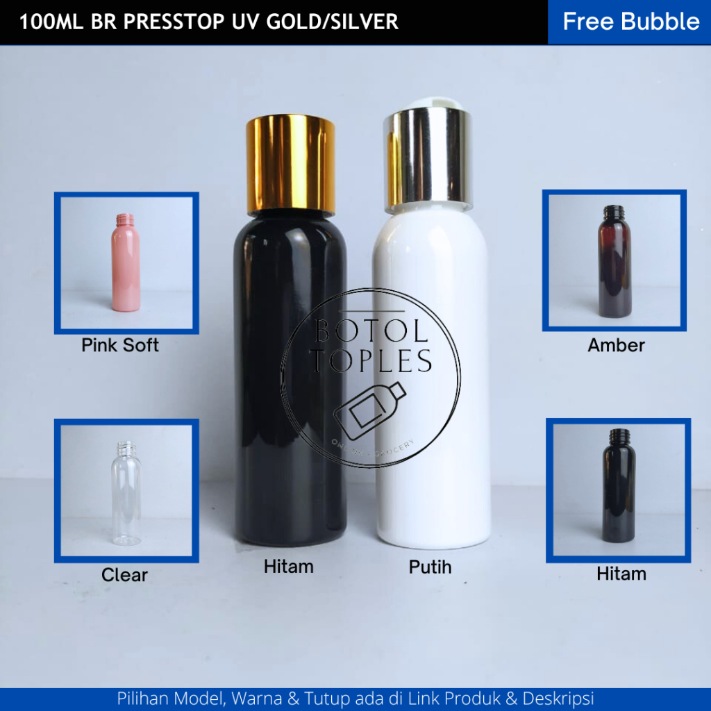 Jual Botol 100ml BR Tutup Presstop UV Gold/Silver Neck 24 | Shopee ...