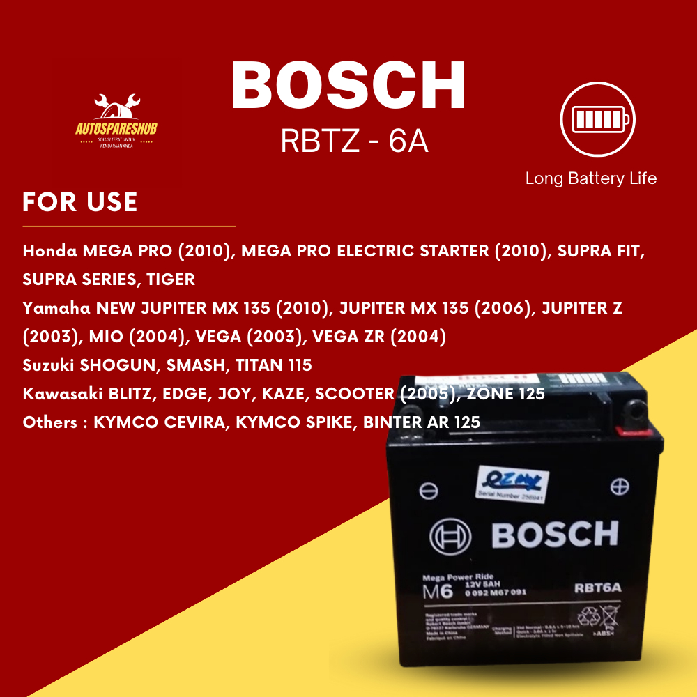 Jual Aki Motor Megapro Mio Jupiter Bosch MF RBTZ-6A 100%ori bosch ...