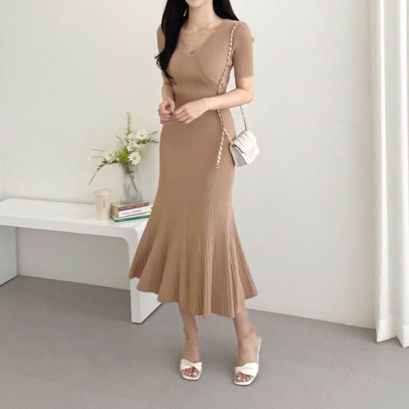 Jual Collar Twotone Bodycon Knit Dress Baju midi maxi long dress Riby ...