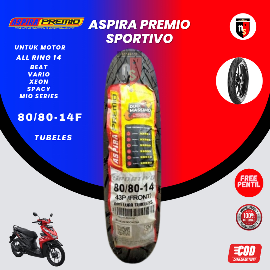 Jual Ban Aspira Premio Sportivo 80/80-14 Front Tubeless Free Pentill | Shopee Indonesia