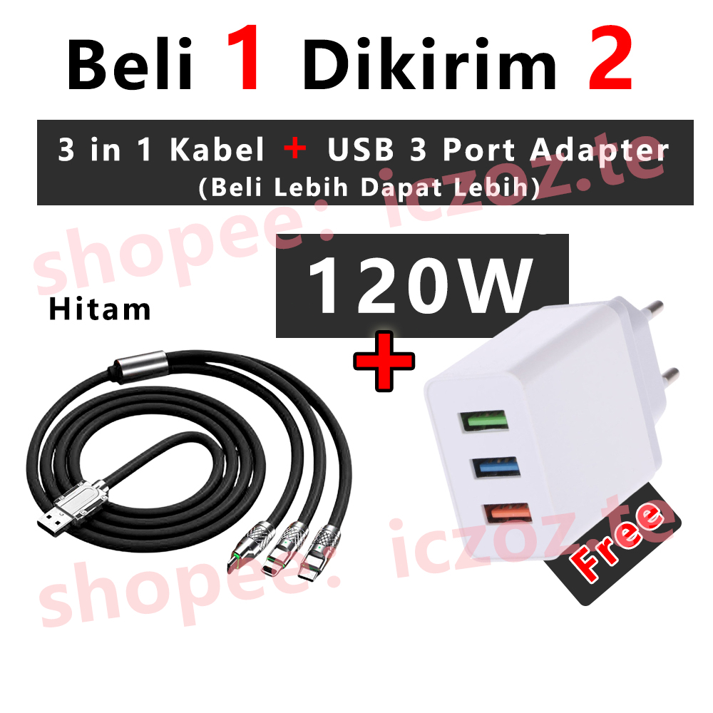Jual 【Dapat Adapter】Kabel Data 3 in 1 Kabel Data Dapat 3 USB Ports adapter 120W HP Kabel Casan ...