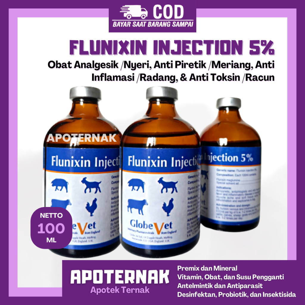 Jual FLUNIXIN Injeksi 5% 100ml - Obat Hewan Bengkak Pincang - Analgesik ...