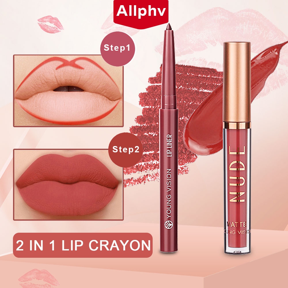 Jual [2 Pcs] 6 color Lip Liner + Lipstik/ Lip Crayon Satin/Lipstick ...