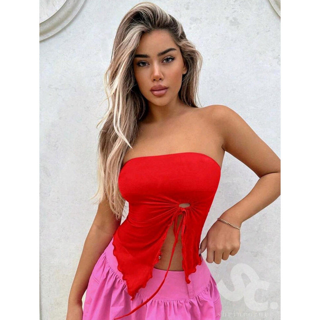 Jual Shein Top Lettuce Trim Drawstring Side Asymmetrical Hem Mesh Tube