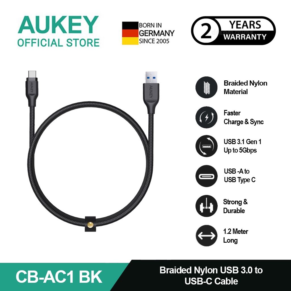 Jual AUKEY Kabel Charger Type C CB-AC1 Braided Nylon USB 3.0 GEN1 to USB-C Black Cable | Shopee ...