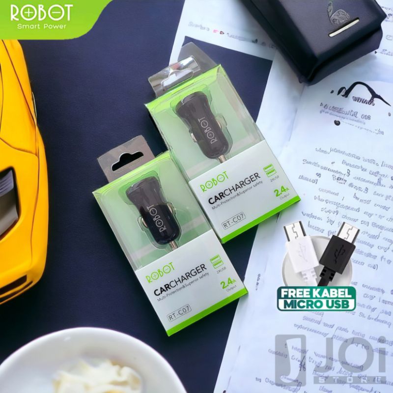 Jual ROBOT RT-C07 Charger Mobil 2 Port USB Free Kabel Micro USB | Shopee Indonesia