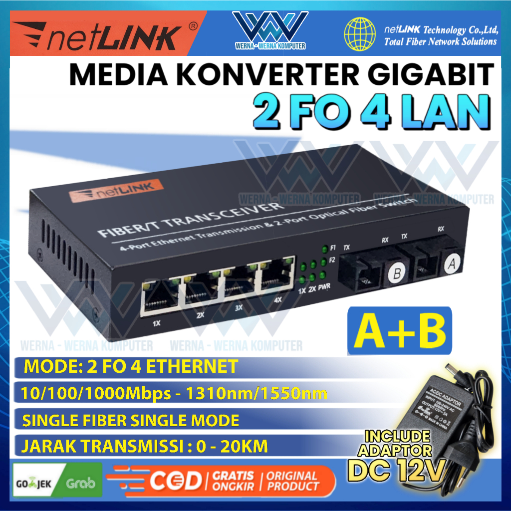 Jual Media Converter Gigabit 2 FO 4 LAN 10/100/1000Mbps Fiber Optic Switch Ethernet Netlink ...
