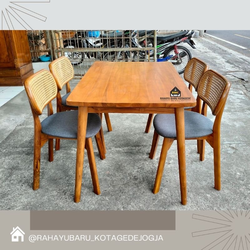 Jual Meja Makan 4 Kursi Kayu Jati Meja makan Kombinasi Rotan Jogja | Shopee Indonesia