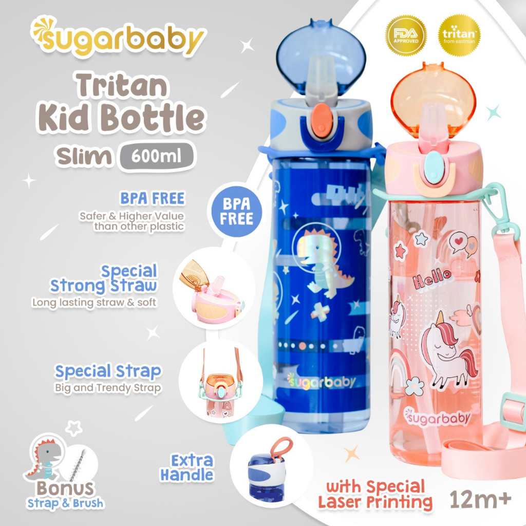 Jual SugarBaby Tritan KIDS bottle slim 600ml botol anak bayi dengan tali panjang gratis brush ...