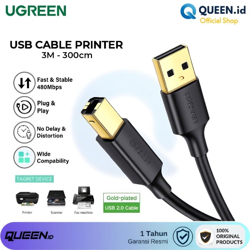 Jual Ugreen Kabel Data Printer 3M USB A To B 2.0 Gold Plated US135 ...